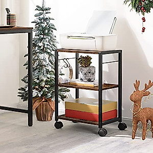 ALLOSWELL Mobile Printer Stand, 3-Tier Printer Cart Under Desk with Storage, Industrial Rolling Cart with 2 Hooks, Sturdy Little Cart on Wheels for Home Office, Rustic Brown and Black PTHR4001
