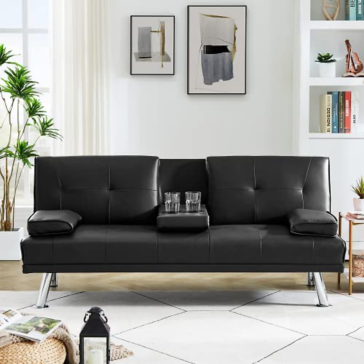 Lamerge Sofa Bed with 2 Cup Holders,PU Leather Convertible Upholstered Folding Sofa,67" L Multi-Functional Futon Sofa Couch for Small Space, Apartment,Dorm, Removable Armrest,Black