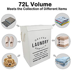 Laundry Hamper with Lid and Rope Handles,Foldable Hamper Easily Transport Laundry Basket,Linen Clothing Storage and Organization for Home Bedroom,Extra Large Capacity Toy Box,(Beige White)