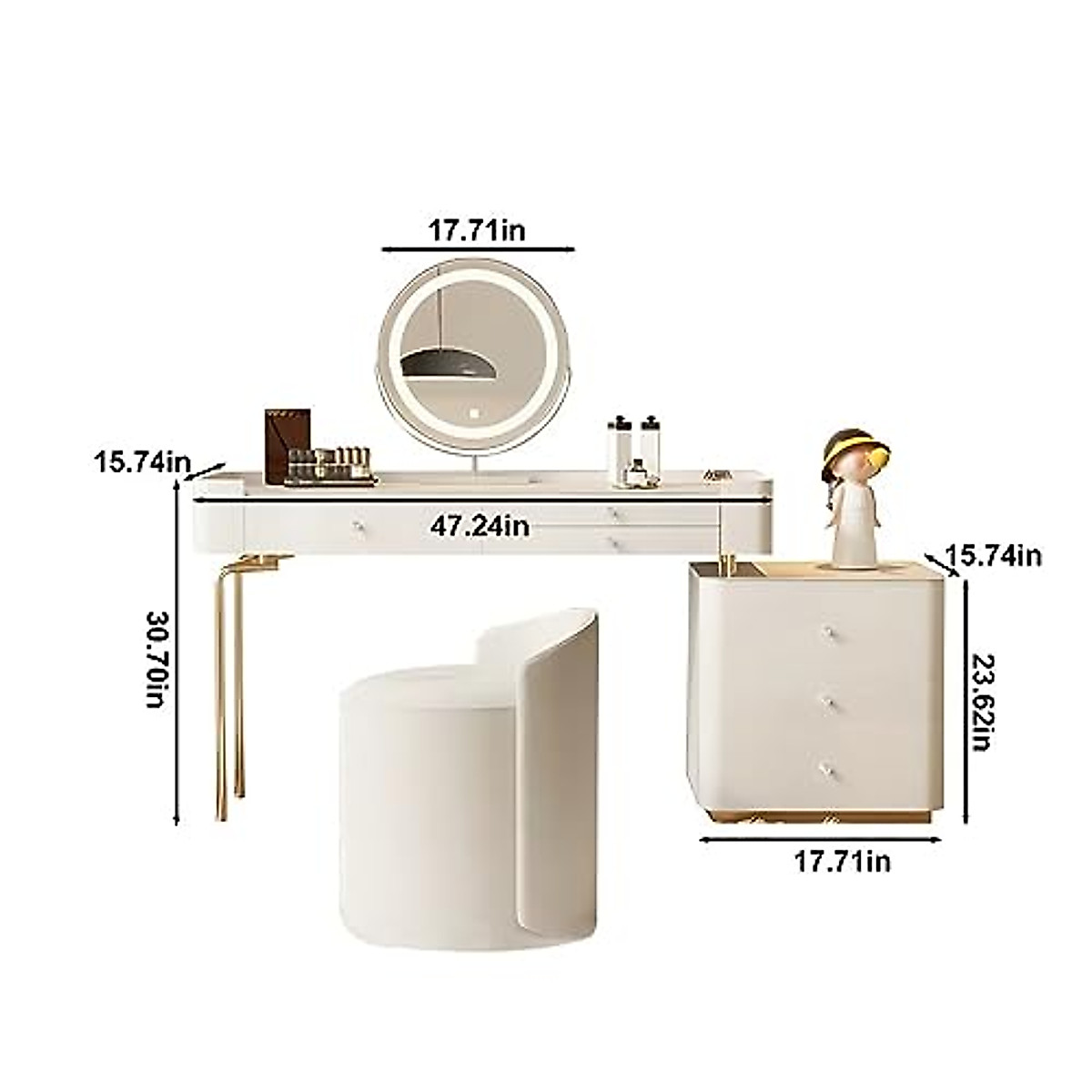 Attega Makeup Vanity Set, Vanity Table with Slate Tabletop, Dressing Table Set with Round Makeup Stool with Backrest for Bedroom