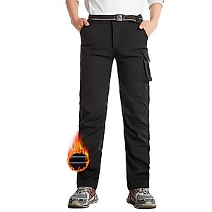 JOMLUN Boy's Fleece Lined Hiking Pants Outdoor Soft shell Snow Ski Waterproof Windproof Warm Cargo Insulated Trousers Winter
