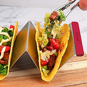 Taco Holder Stands Stainless Steel Set of 6 with Colorful Silicone Easy-Access Handle, Taco Rack, Taco Shell Holder, Taco Tray, Oven, Grill, and Dishwasher Safe, Smooth Edge