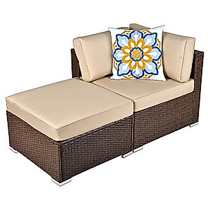 SUNVIVI OUTDOOR 2-Piece Patio Ottoman Furniture Set, All-Weather PE Wicker Rattan Outdoor Daybed Sofa Set, Patio Couch with Ottoman for Balcony Garden Pool, Brown