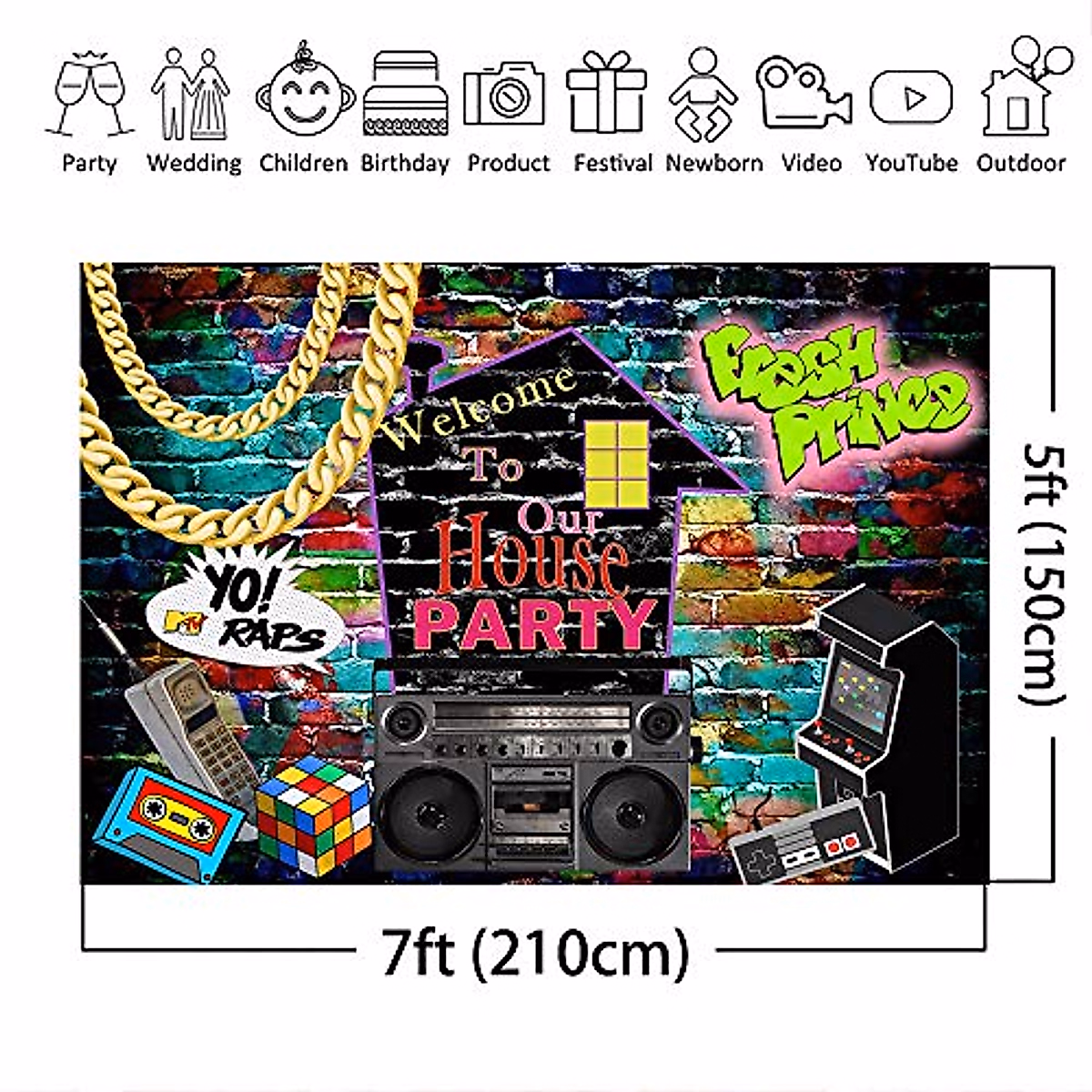 Mocsicka Hip Hop Graffiti Theme Photography Backdrops 80's 90's Colorful Brick Wall Photo Booth Vinyl Retro Music Rock Punk Party Banner Decorations Studio Props (7x5ft)