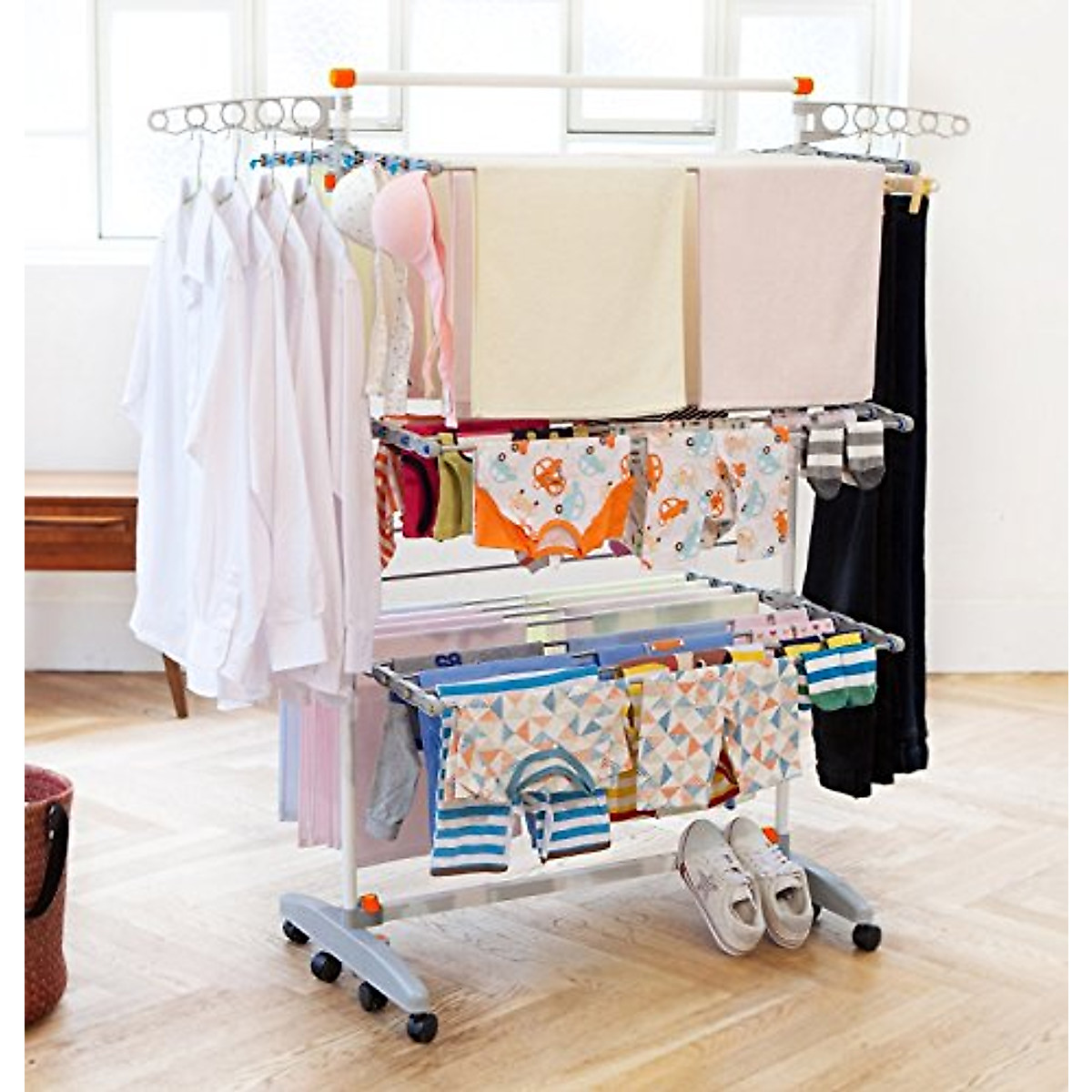 idee BDP-V23 Foldable Rolling 3-Tier Clothes Laundry Drying Rack with Stainless Steel Hanging Rods, Collapsible Shelves and Base for Easy Storage, Made-in-Korea, Premium Size, Orange