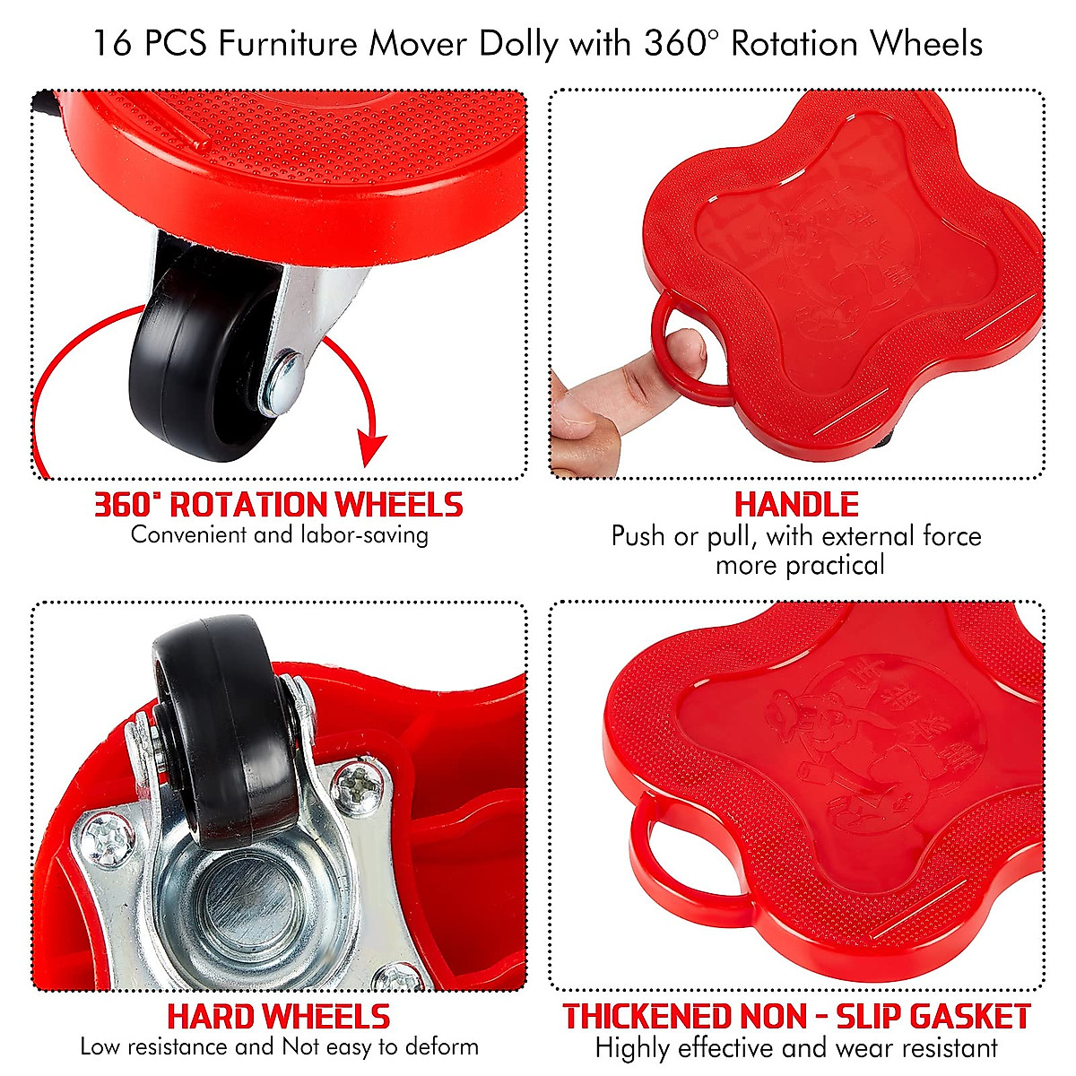 17 Pcs Furniture Mover with Wheels Furniture Lifter Set, Red 360 Degree Rotation Wheels Furniture Dolly Heavy Furniture Roller Move Tools Moving Wheels for Appliance Table Refrigerator Cabinet Sofa