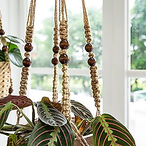 Mkono 3 Pack Macrame Plant Hangers Indoor Different Size Hanging Planter Basket Flower Pot Holder with Beads No Tassels 35"/29"/23", Medium, Brown