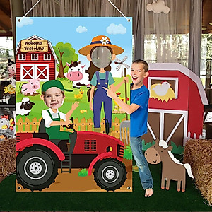 Haooryx Farm Animals Photo Door Banner Large Satin Fabric Photo Booth Props Backdrop Face in Hole Background Banner Decor Barnyard Animals Theme Birthday Party Decorations Supplies Party Game for Kids