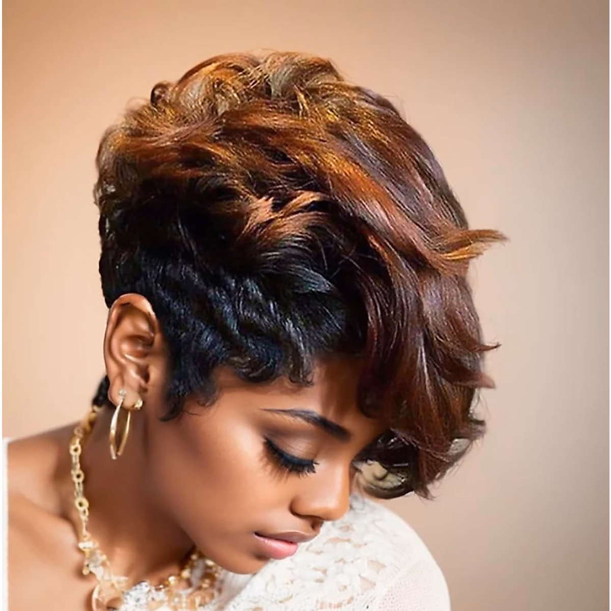 BeiSD Short Black Wig with Mixed Brown Bangs Natural Short Haircuts for Women Synthetic Short Wigs for Black Women… (7319)