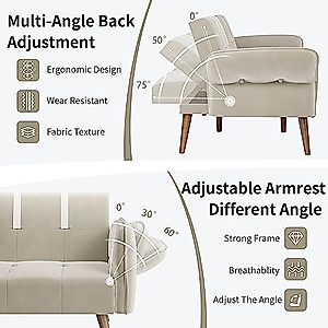 Shintenchi Futon Sofa Bed Modern Folding Sleeper Couch Bed for Living Room,Velvet Loveseat Sofa Couch Sofa Cama for Apartments Office Small Spaces,w/Adjustable Armrests Backrest,White