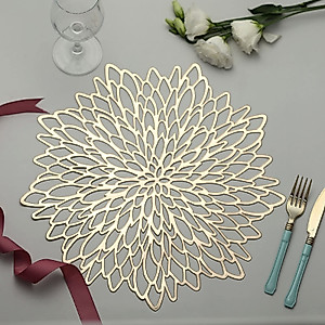 TABLECLOTHSFACTORY 6 Pack | 15" Gold Floral Vinyl Placemats | Non Slip Dining Table Placemats For Wedding Events Birthday Party