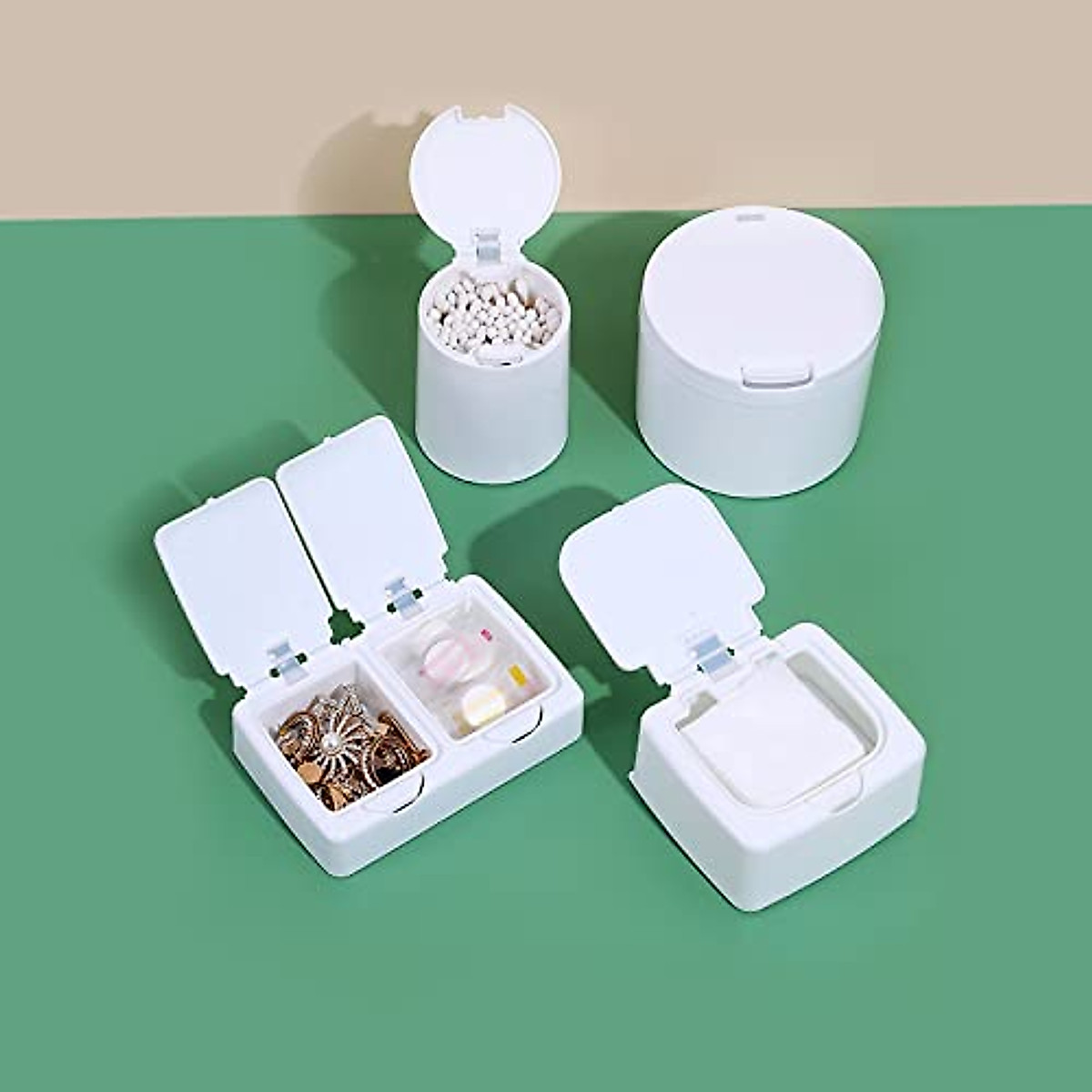 Hooshion Qtip Holder Dispenser with Lids, 4 Pack Plastic Cotton Swabs Dispenser for Vanity Makeup Organizer Storage, Qtip Holder Bathroom Set for Cotton Swab, Ball, Pads, Floss