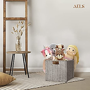 AELS Woven Baskets for Storage, Natural Hand-woven Storage Baskets for Organizing, Cubby Cubes Storage Bins for Shelves, 11" Modern Farmhouse Square Storage Cubes with Handles, Dark Gray, 4 Pack