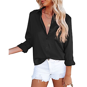 OMSJ Women's Button Down Shirts Satin V Neck Long Sleeve Casual Work Blouse Tops with Pocket (1173M, Black)