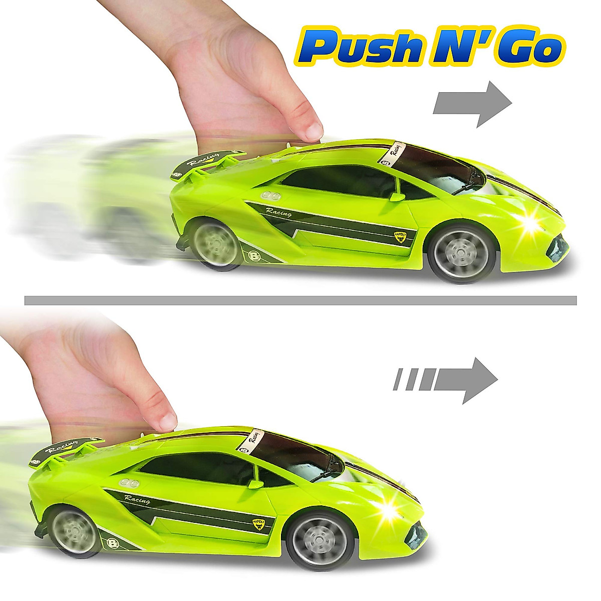 ArtCreativity Green Racer Car with Lights and Sounds, Light-Up Push n Go Racer Car for Kids, LED Headlights and Engine Sound, Best Birthday Gift for Boys, Girls, Toddlers Ages 3+