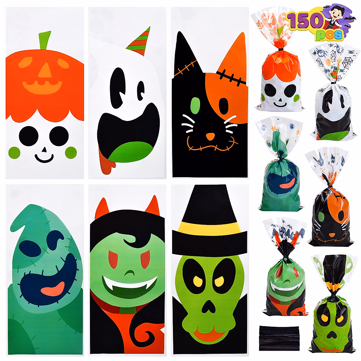 JOYIN 150 PCS Halloween Cellophane Treat Bags with Twist Ties, Halloween Cellophane Clear Candy Bags for Trick or Treat, Halloween Cookie and Goodies Gift Bags for Party Favor Supplies