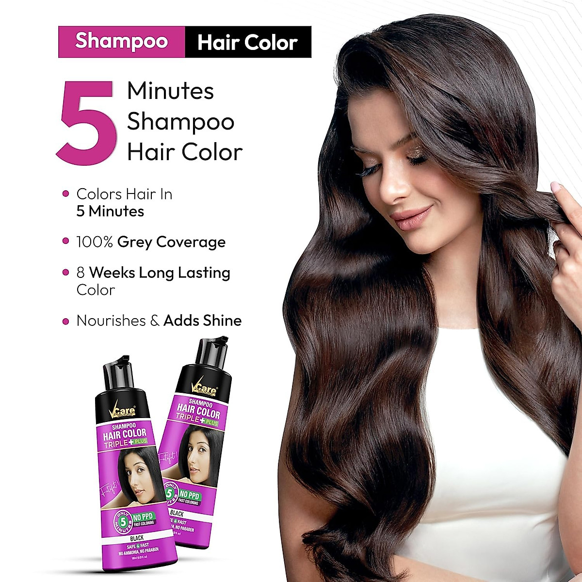 Vcare Hair Color Triple Plus Shampoo Hair Color (Black) - 180ml