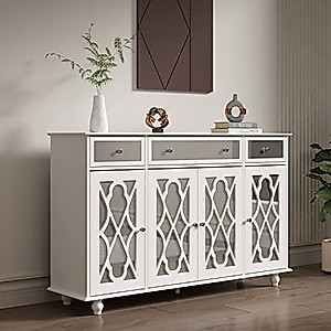 DiDuGo Sideboard with Glass Doors, Mirrored Storage Cabinet with 3 Drawers, Credenza Buffet with Wooden Legs, for Living Room Hallway White (55.1”W x 15.7”D x 35.4”H)