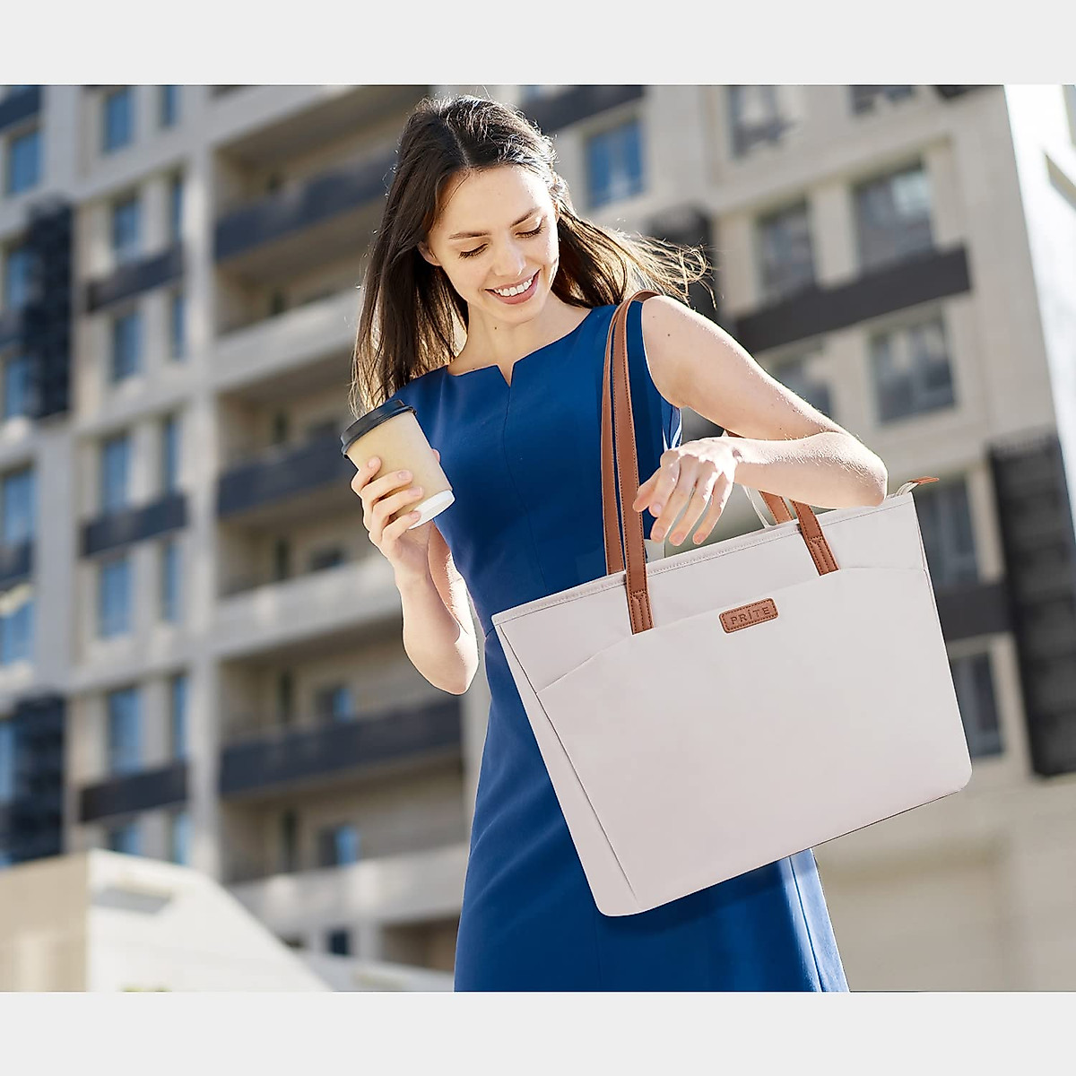 Prite Laptop Tote Bag for Women Shoulder Bag with 16” Computer Compartment for Work Travel(Beige)