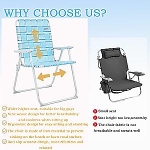 #WEJOY 2 Packs Extra Wide Aluminum Foldable Beach Chairs, High Back, Arm Rest, Lightweight, Portable, Blue