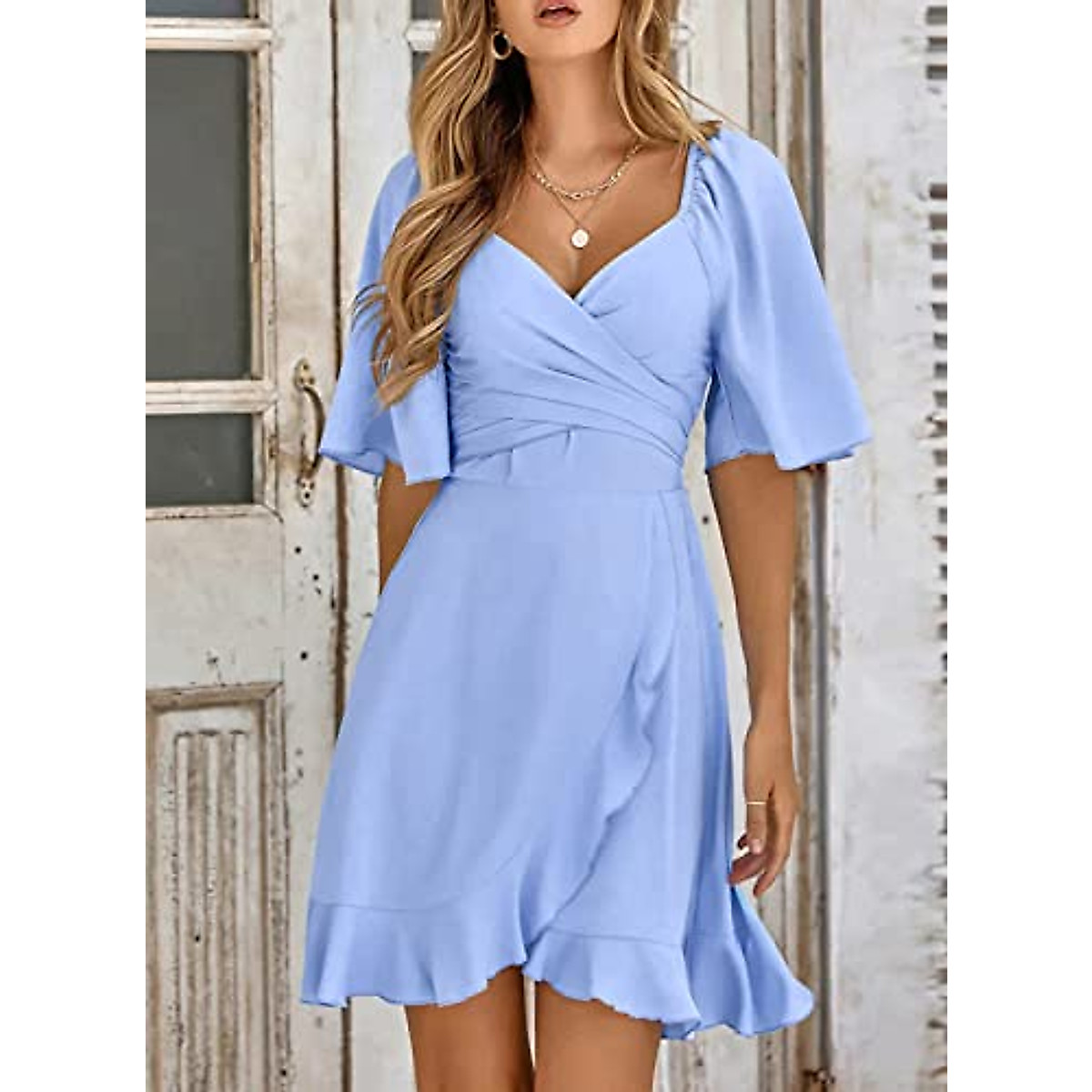 Dokotoo Women's Wrap V Neck Short Flared Sleeve Smocked Elastic Waist Tiered Belted Ruffle Hem Party Short Dress Sky Blue S