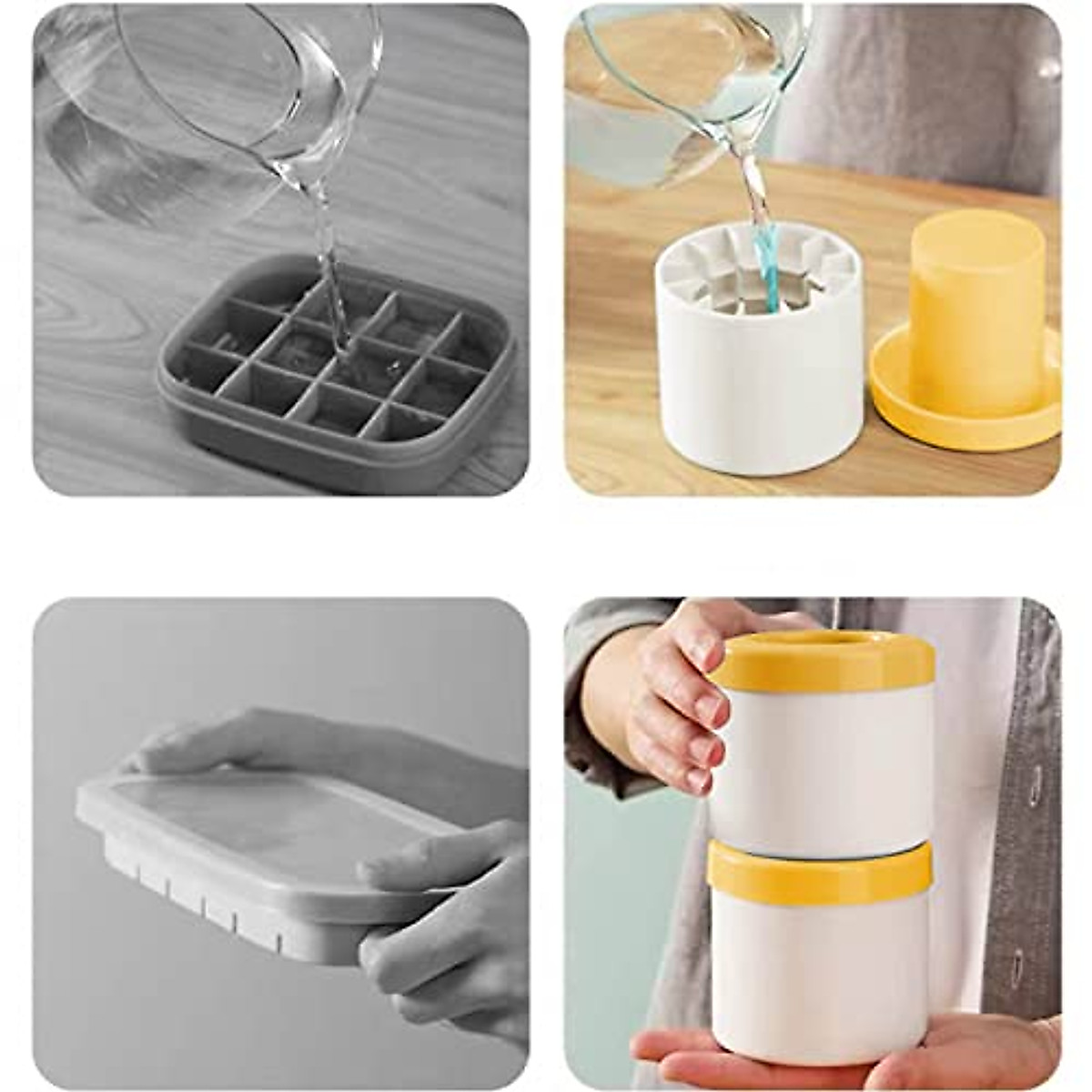 Silicone Ice Cube Maker Cup, Cylinder Trays Lattice Ice Cube Mold, Made of Food Grade Silicone and ABS Material, Holds to 60 Ice Cubes, Press-Type Easy-Release Ice Maker Tray, Safe (Yellow and White)