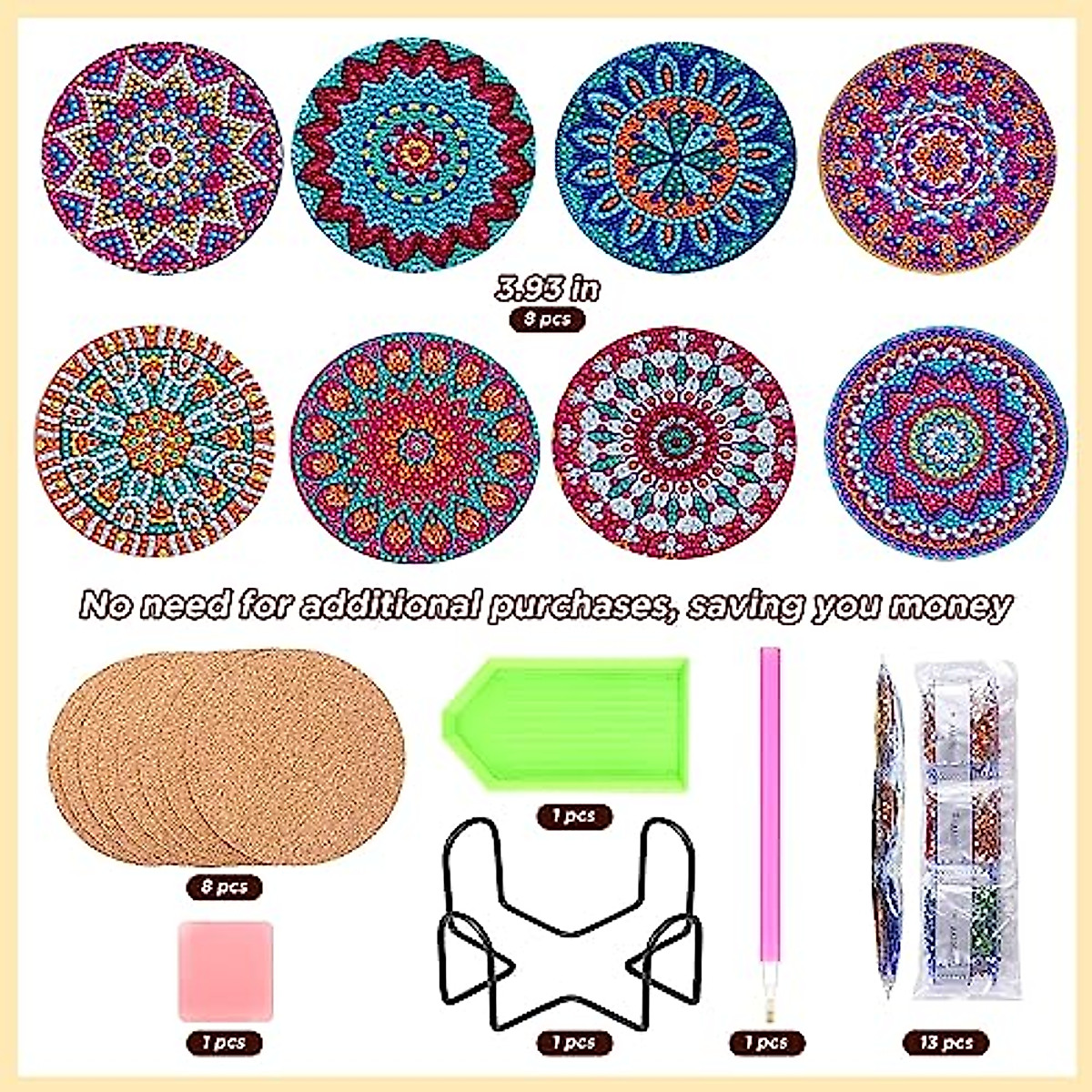 Diamond Painting Coasters Kit With Holder,Wooden Pad + Acrylic Board Double Layer is Strong and Wear-Resistant,Mandala DIY Diamond art Coasters for Beginners Adults and Kids Art Craft Supplies Gif