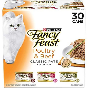 Purina Fancy Feast Grain Free Pate Wet Cat Food Variety Pack, Poultry & Beef Collection - (30) 3 Oz. Cans