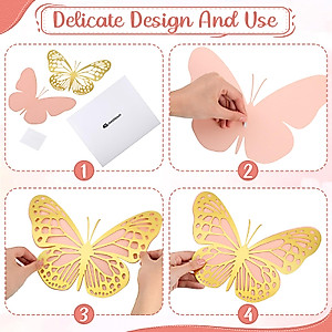 Geosar 20 Pcs 3D Large Butterfly Party Decoration 2 Layer Giant Paper Butterfly Stickers Big Butterfly Wall Decoration Set Large Butterfly for Birthday Baby Shower Nursery (Gold,Pink)