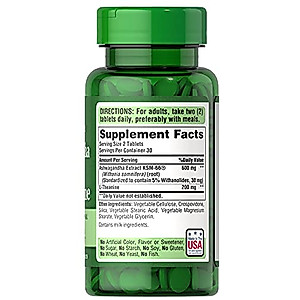 Puritans Pride Ashwangandha KSM66 & L-Theanine, Helps Relieve occassional Stress and Anxiety, 60 Count, White