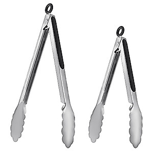 ALLTOP Metal Cooking Tongs,Stainless Steel Food Tong with No-slip Silicon and Locking Ring for Kitchen - 9 &12 inch,Set of 2-Black