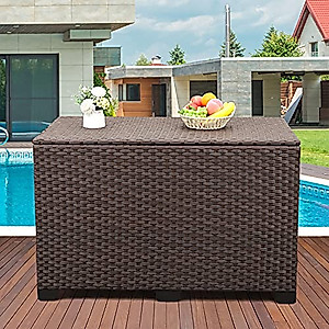 Valita Outdoor Wicker Storage Box, Big Size,Resin Brown Rattan Deck Bin with Lid, 150 Gallon,Water-resistant Liner Container for Patio Gardening Tools, Cushions, Pool Accessory,Pillows