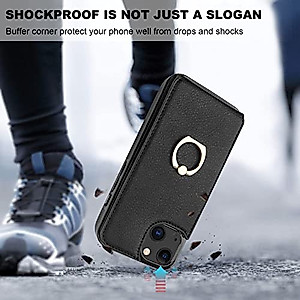 Folosu Compatible with iPhone 14 Case Wallet with Card Holder, 360°Rotation Finger Ring Holder Kickstand, RFID Blocking Leather Protective Double Buttons Shockproof Cover 6.1 Inch Black