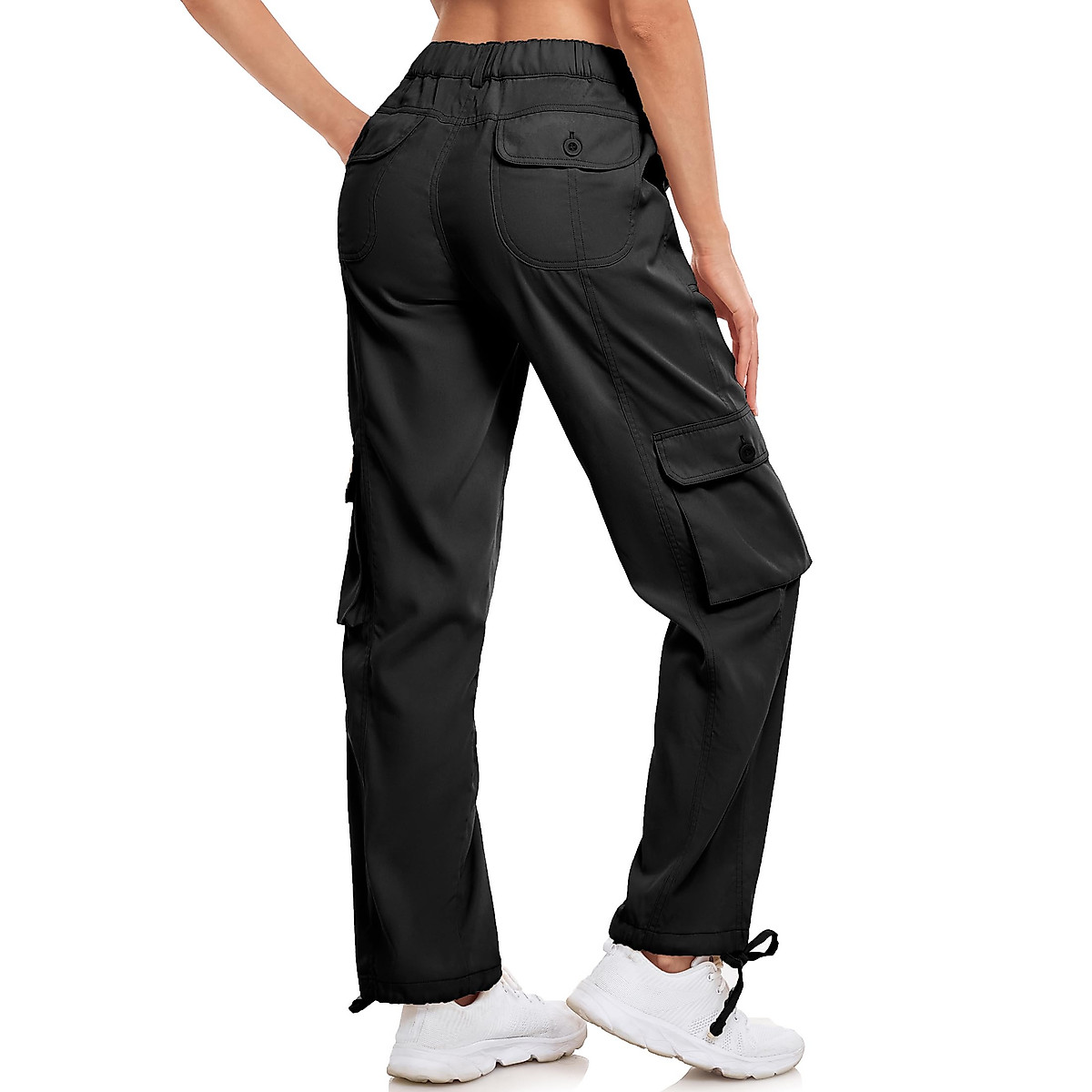 VEOBIKE Women’s Cargo Work Pants Elastic Waist Straight Leg Baggy Casual Hiking Pants Cotton Military Pants 7 Pockets Black