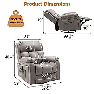 HOMREST Microfiber Technology Cloth Massage Recliner Chair with Heated, 360 Degree Swivel Rocker Recliner Chair, Leather Reclining Sofa with Side Pocket for Living Room, (Coffee)