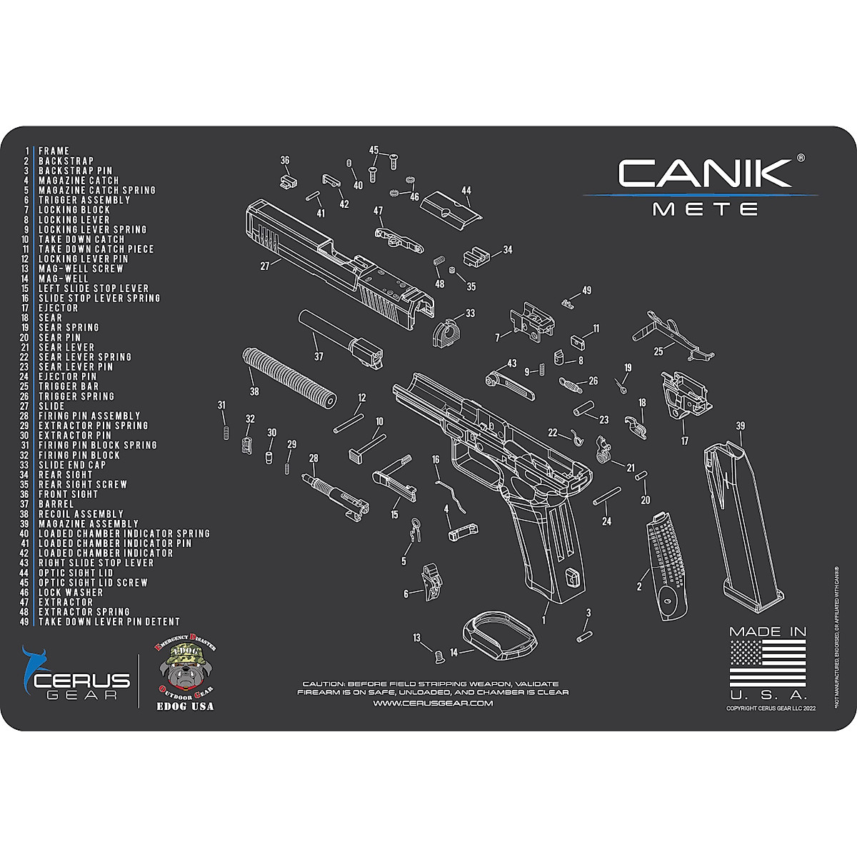 Mete Gun Cleaning Mat - Schematic (Exploded View) Diagram Compatible with Canik Mete Pistol 3 mm Padded Pad Protect Your BLACK