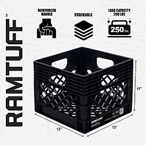 Ramtuff Milk Crate 4-Pack, Built Tough, 250lbs Load Capacity (BV Certified), Extreme Weather Tested -22°F to 122°F, Authentic Milk Crate dimensions 13" L x 13" W x 11" H