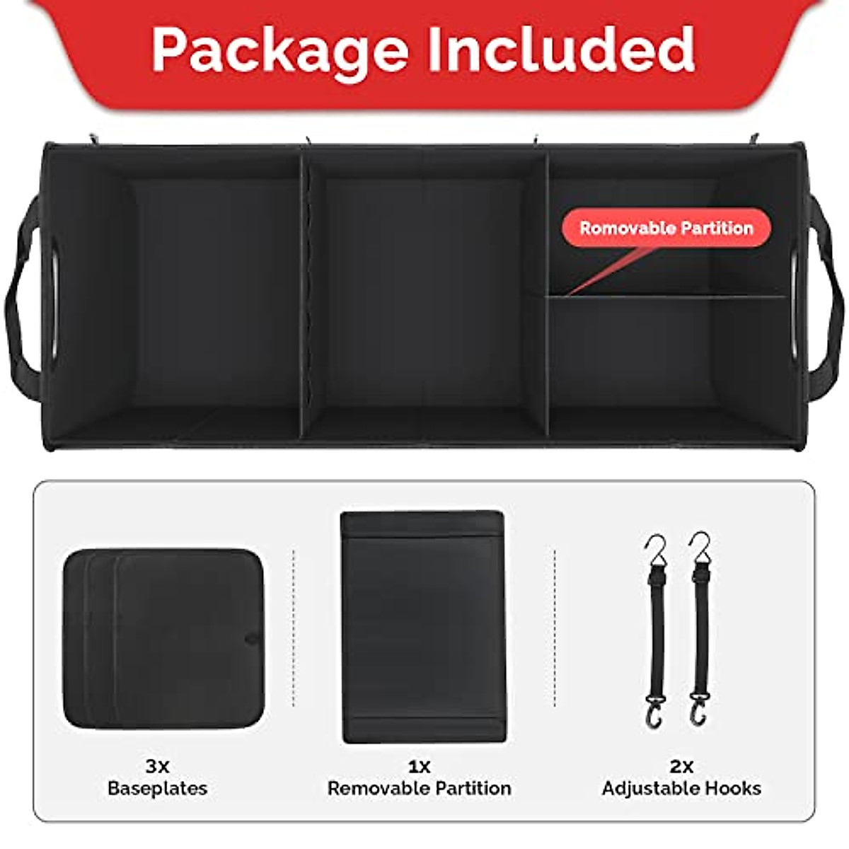 Simniam Car Trunk Organizer Large 95L, Foldable, Non-Slip, Car Storage Organizer Made of Thick Material, Apply to Organizing The Trunk Outdoor Travel Shopping Camping - Red