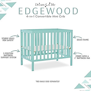 Dream On Me Edgewood 4-In-1 Convertible Mini Crib In Mint, JPMA Certified, Non-Toxic Finish, New Zealand Pinewood, With 3 Mattress Height Settings, Included 1" Mattress Pad