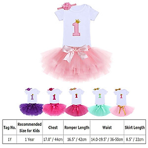 Baby Girls First Birthday Clothes One-piece Bodysuit 1st Crown Romper+Ruffle Tulle Skirt+Bowknot Headband 3PCS Set Toddler Infant Smash Cake Outfits for Casual Photo Shoot Pink Age 1 Year Old