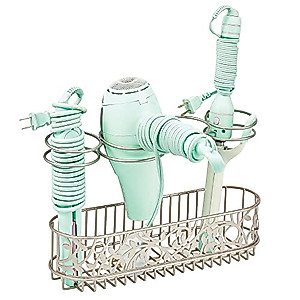 mDesign Steel Wall Mount Hair Dryer Holder, Styling Tool Storage Organizer Basket for Bathroom - Holds Hair Dryer, Flat Iron, Curling Wand, Hair Straighteners, Brushes - Arbor Collection - Satin