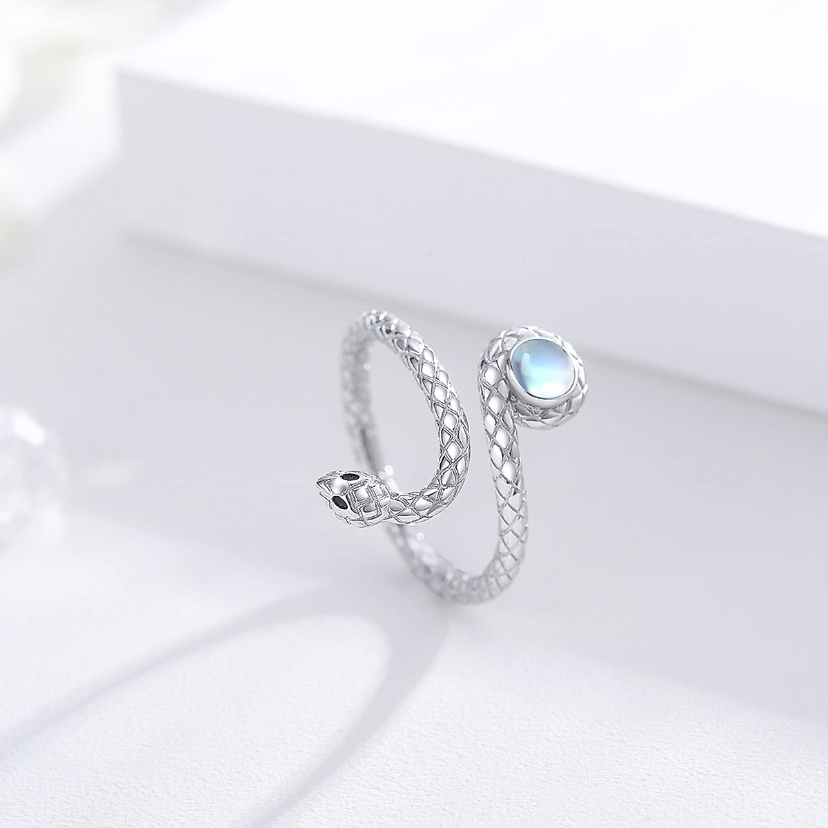 AOVEAO Snake Rings 925 Sterling Silver Opening Wrap Adjustable Size Rainbow Moonstone Ring Spoon Serpent Ring for Snake Lover Goth Cool Dainty Jewelry for Women