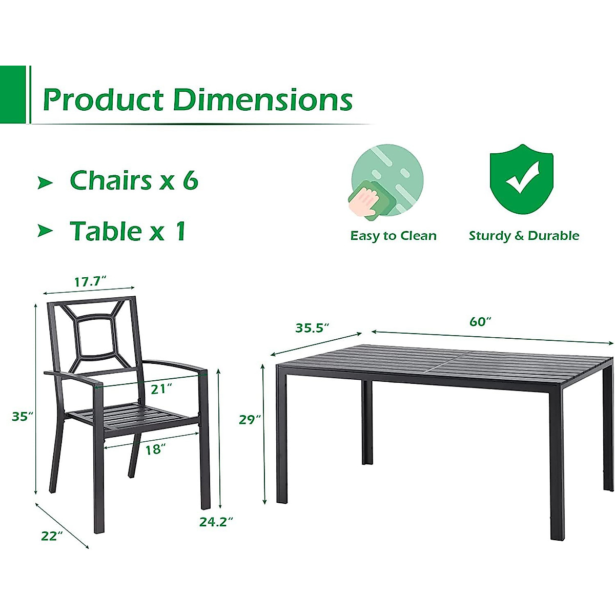 AECOJOY 7 Piece Outdoor Dining Set, Patio Table and Chairs Set with Rectangular Aluminum Table and 6 Metal Stackable Chairs for Garden, Backyard, Matte Black