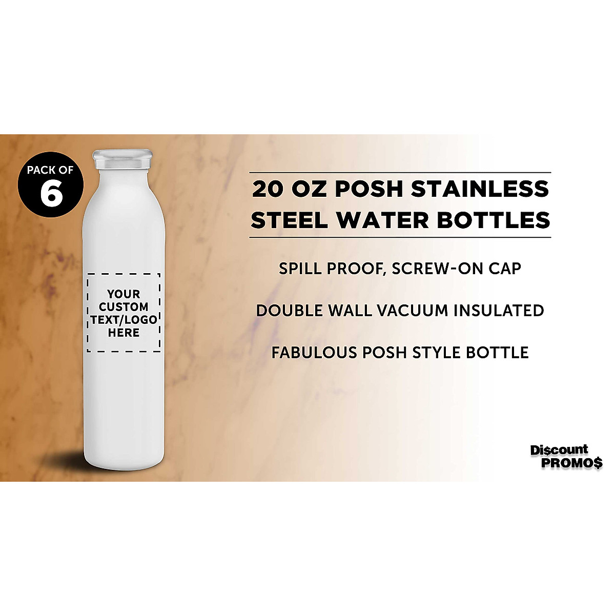 DISCOUNT PROMOS Custom Posh Stainless Steel Water Bottles 20 oz. Set of 6, Personalized Bulk Pack - Double Wall, Perfect for Coffee, Soda, Other Hot & Cold Beverages - White
