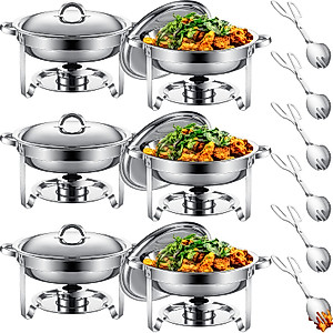 6 Pack Round Chafing Dish Buffet Set with Food Tongs 4 qt Stainless Steel Round Chafers for Catering, Buffet Server and Warmer Set Chafers Food Warmers for Party Banquet Wedding Events