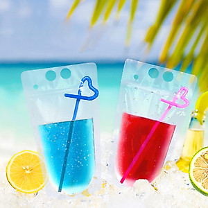Enkrio 100Pcs Drink Pouches for Adults Clear Drink Pouches with Straws Juice Pouches for Adults Plastic Drink Bags Stand up Hand-held Zipper Smoothie Bags with 100 Straws & Silicone Funne