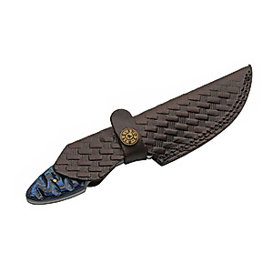 Ocean Ripple Damascus Steel Blade | Grooved Wood 8 inch Hunting Knife