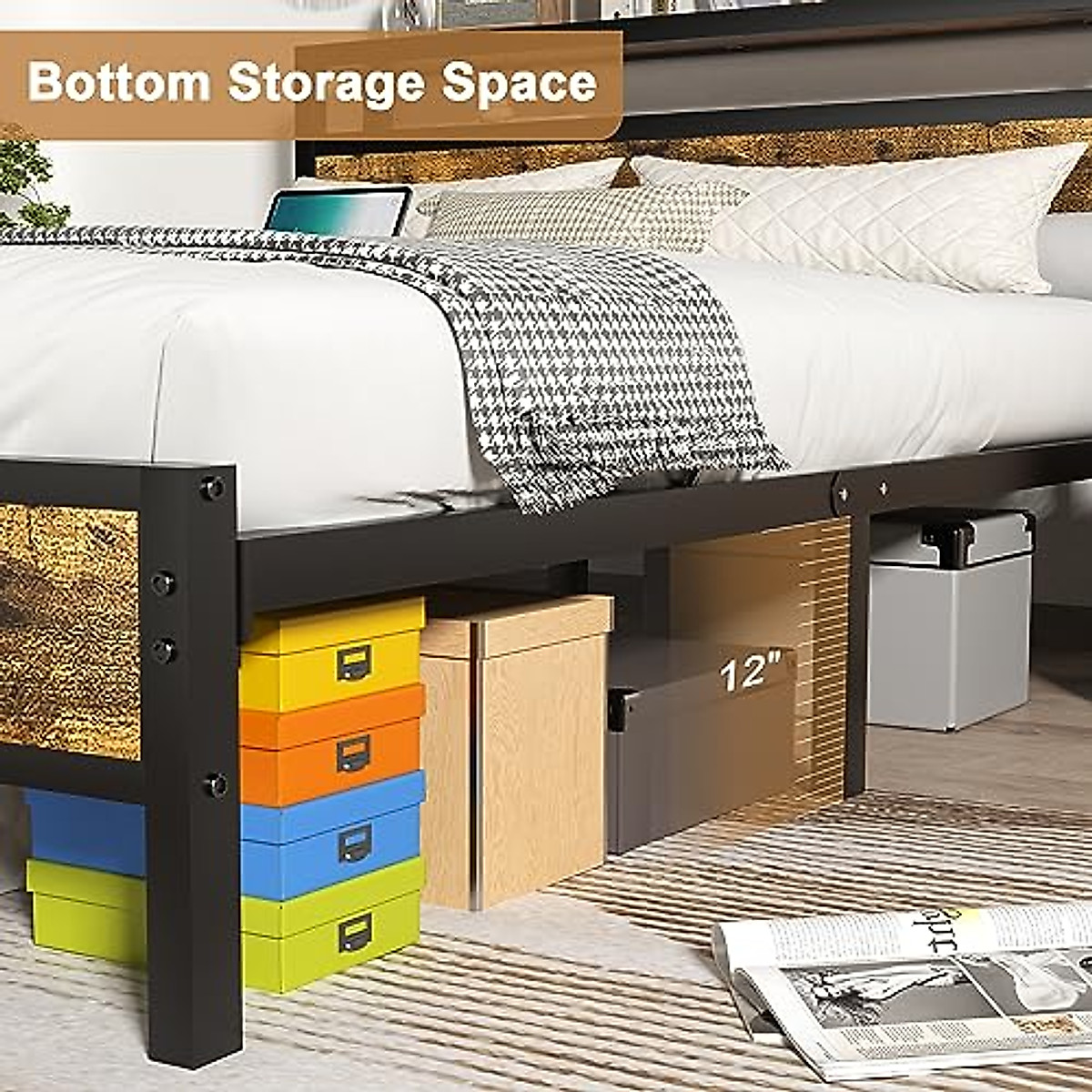 Pliwier King Bed Frame with Charging Station Headboard, Platform Bed with 2-Tier Storage Shelf, Strong Support Legs, Noise-Free, No Box Spring Needed, Easy Assembly