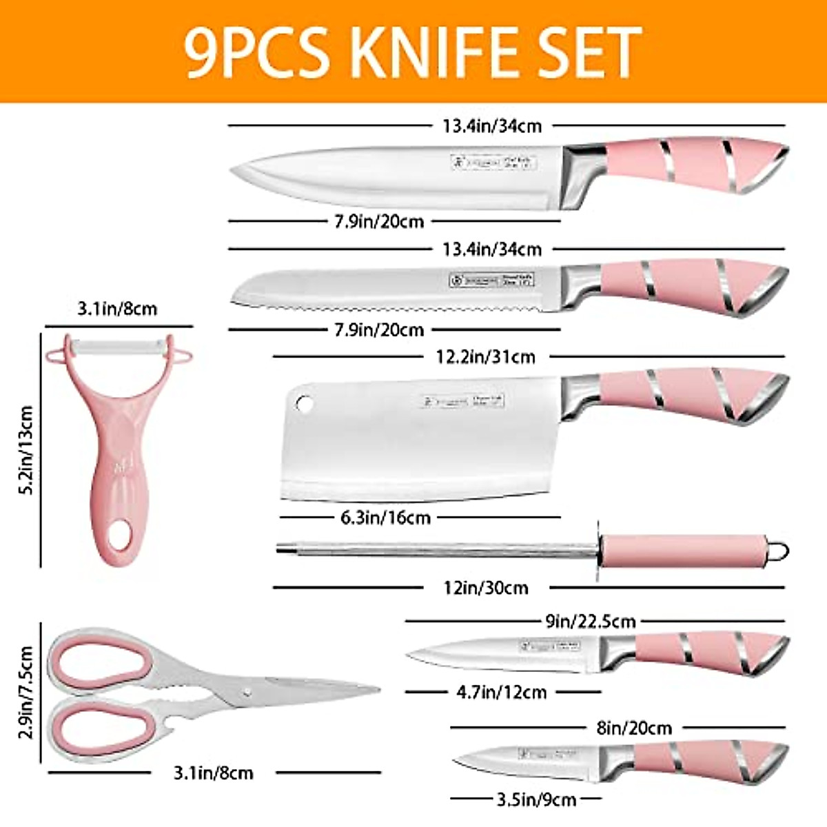 Kitchen Knife Set, Retrosohoo 9-Pieces Pink Sharp Non-Stick Coated Chef Knives Block Set ,Stainless Steel Knife Set for Kitchen with Sharpener for Cutting Slicing Dicing Chopping (Pink)
