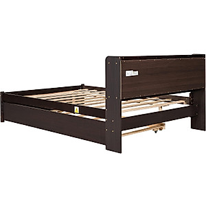 Harper & Bright Designs Full Bed Frame with Trundle, Full Trundle Bed with Bookcase Headboard, Wood Full Size Platform Bed with Twin Trundle Bed Under for Kids Girls Boys, Espresso